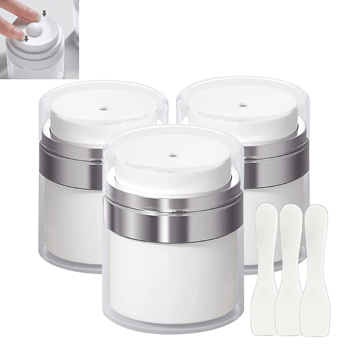 Airless Pump Jar Sets - 1oz 30ml Empty airless Pump Bottles with Cream Spatula - Cream Jar Vacuum Bottle Dispenser for Lotions and Creams - Travel Cosmetic Vacuum Containers Pack of 3