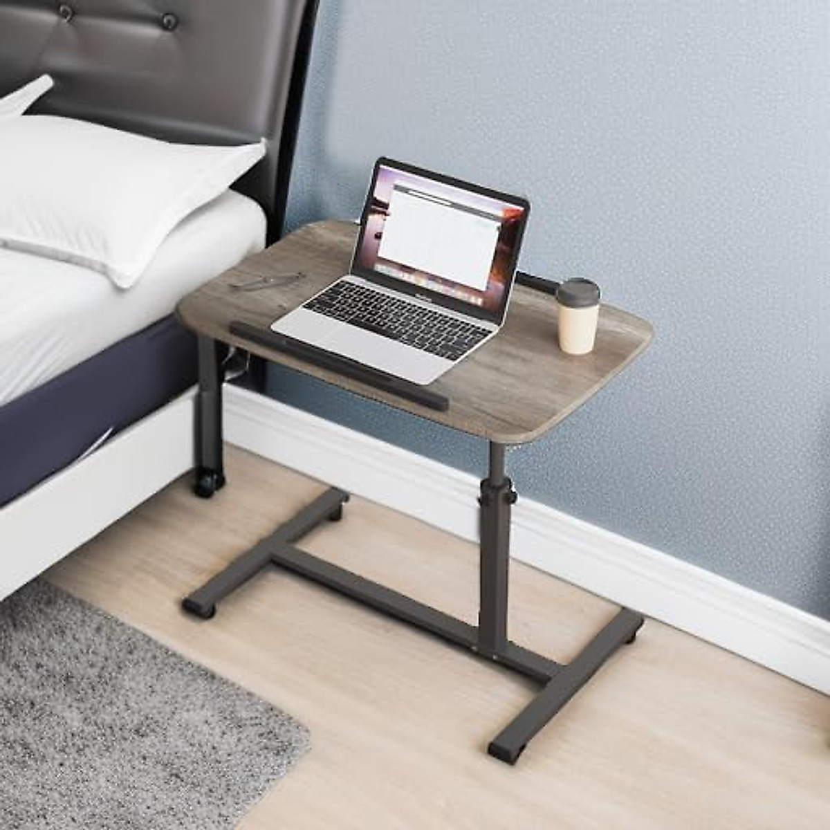 Furist Adjustable Overbed Bedside Table Rolling Laptop Desk Cart Height Adjustable Portable Mobile Laptop Tray Sit Stand Desk Tilting Hospital Bed with Wheels（0208 Grey）