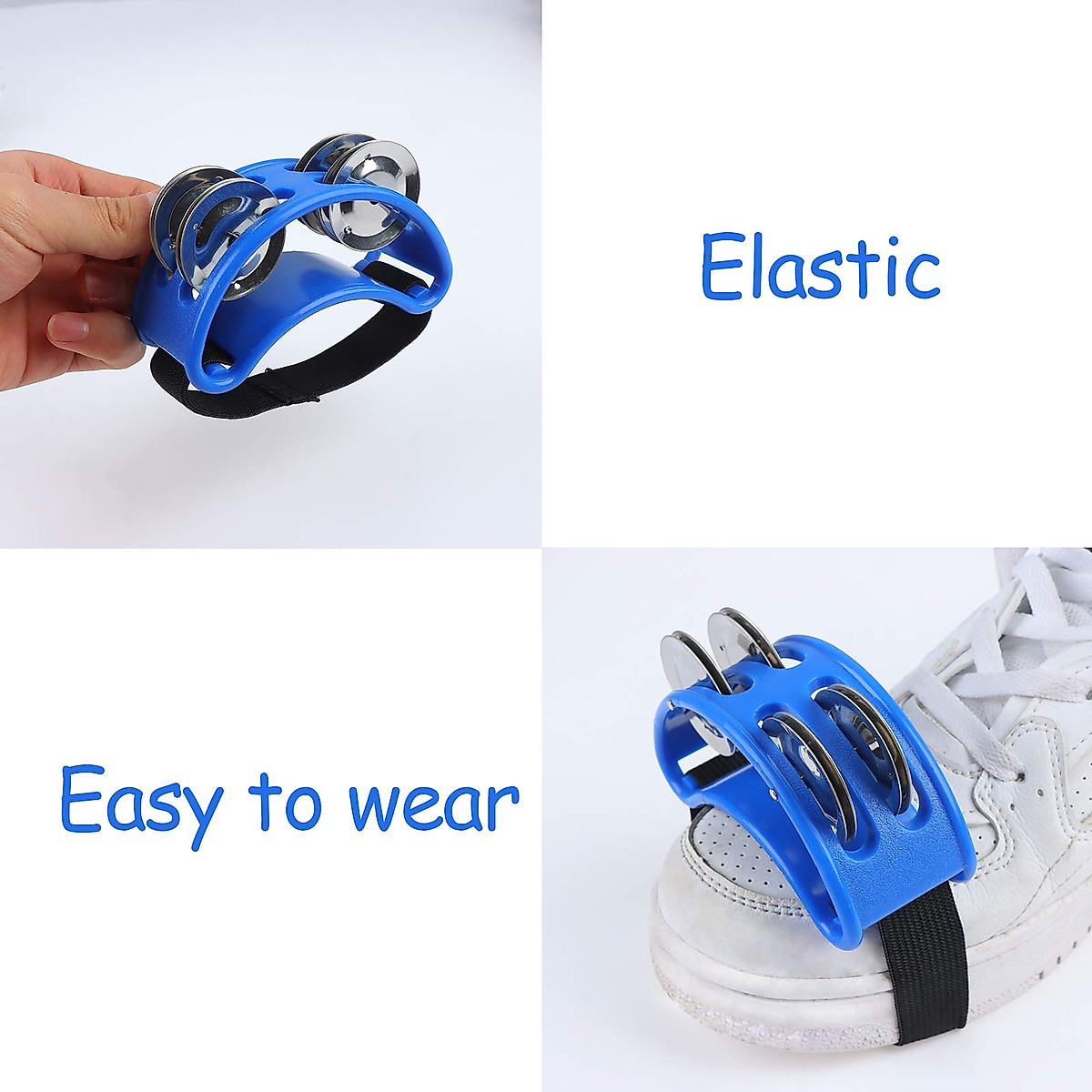 Xgood 4 Pieces Foot Tambourines Percussion Musical Instrument with Stainless Steel Jingles Percussion Musical Instrument Accessories (Blue)
