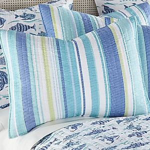 Levtex Home - Laida Beach Quilt Set - Full/Queen Quilt + Two Standard Pillow Shams - Coastal Stripe - Green, Blue, White - Quilt Size (88x92in.) and Pillow Sham Size (26x20in.) - Reversible - Cotton