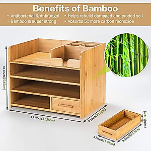 Bamboo Desktop Organizer | Home Office Bamboo Desk Drawer Organizer - 4 Tier Durable Wood Table Top Storage for Pencils, Notepads, Documents & Office Supplies