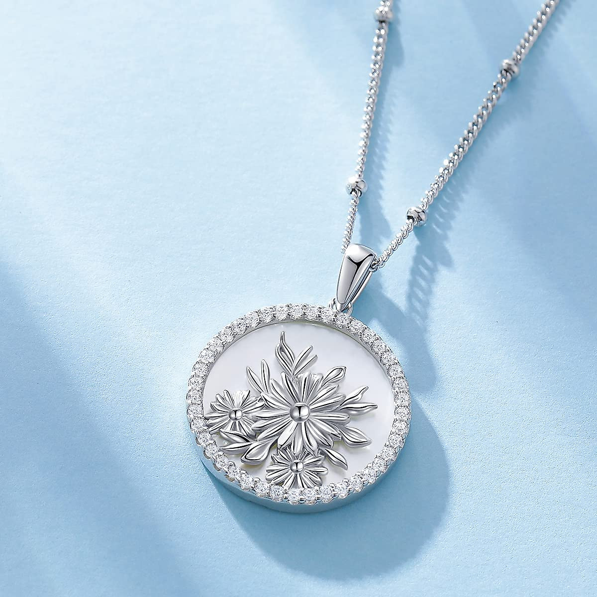 AGVANA Sterling Silver April Birth Flower Daisy Pendant Necklace for Women Mother of Pearl Jewelry Anniversary Birthday Gifts for Women Mom Wife Her