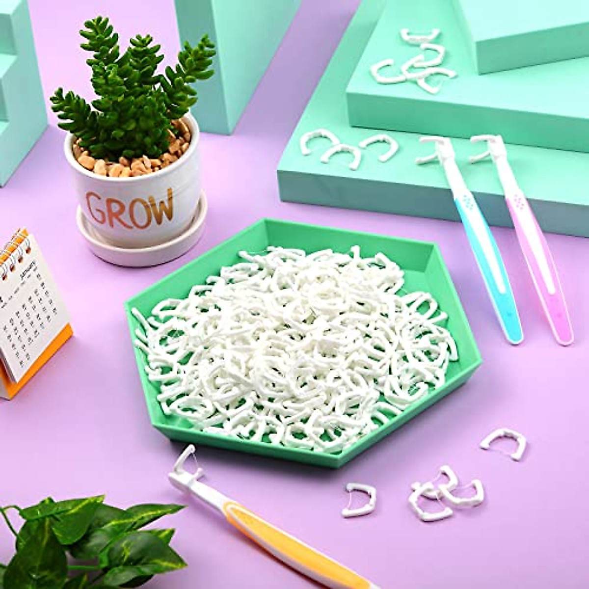 3 Pieces Reusable Dental Floss Handle with 300 Pieces Dental Floss Refill Heads Unflavored Colorful Floss Interdental Toothpick Flosser for Adults and Kids Teeth Cleaning, 3 Colors