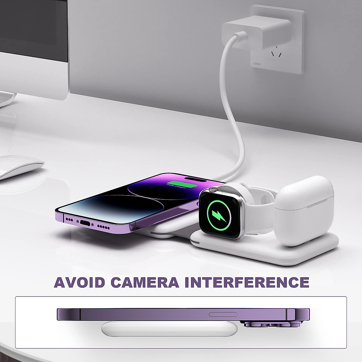 3 in 1 Wireless Charger, Foldable Magnetic Charging Station, Fast Travel Wireless Charging Pad for Multiple Apple Devices, Compatible with iPhone 15/14/13/12/Pro/Max/Plus/Mini, iWatch, Airpods (White)