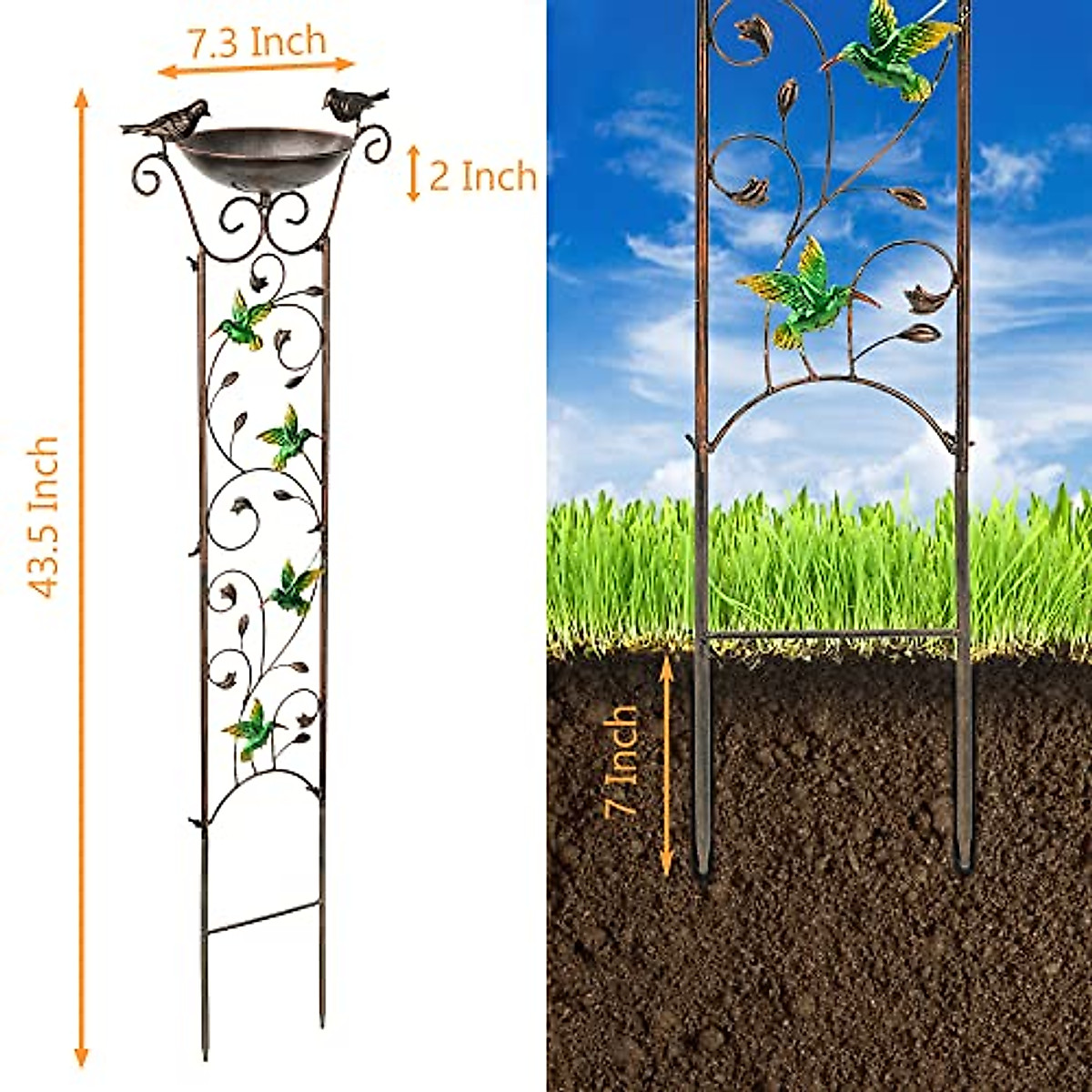 LEWIS&WAYNE Garden Trellis Bird Bath Outdoor, 40 Inch Antique Iron Garden Plant Trellis Decorative with Hummingbirds and Detachable Drinking Basin Bowl, Free Standing BirdBath Birdfeeder Station