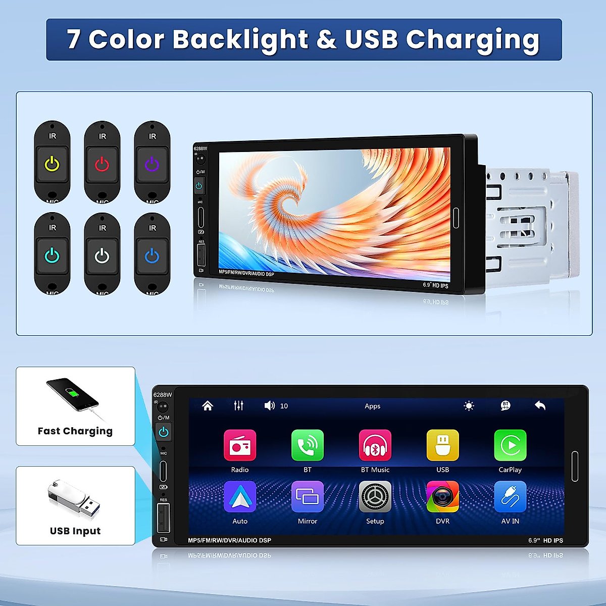 6.9 Inch Wireless Apple Carplay Car Stereo Single Din Touchscreen Car Radio with Bluetooth 5.0, Wireless Android Auto, Mirror Link, FM, EQ, Car Audio Receivcer with USB/Type-C/Aux Input, Mic, SWC
