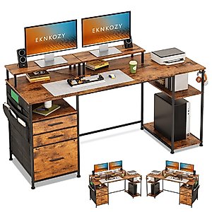 EKNKOZY Computer Desk with 3 File Cabinet Drawers, 57.8'' Reversible Gaming Desk, Office Desk with Storage Shelves and Dual Monitor Stand for Home & Office (Rustic Brown)