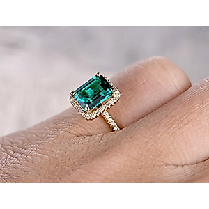 Emerald Engagement Ring,14K Yellow Gold,May Birthstone,6x8mm Emerald Cut Green Gems,Halo,Ball Prong Set