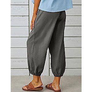 Acesulu Summer Linen High Waist Yoga Pants Drawstring Wide Leg Cropped Pants Trousers with Pockets for Women (0099-DarkGray-XL)