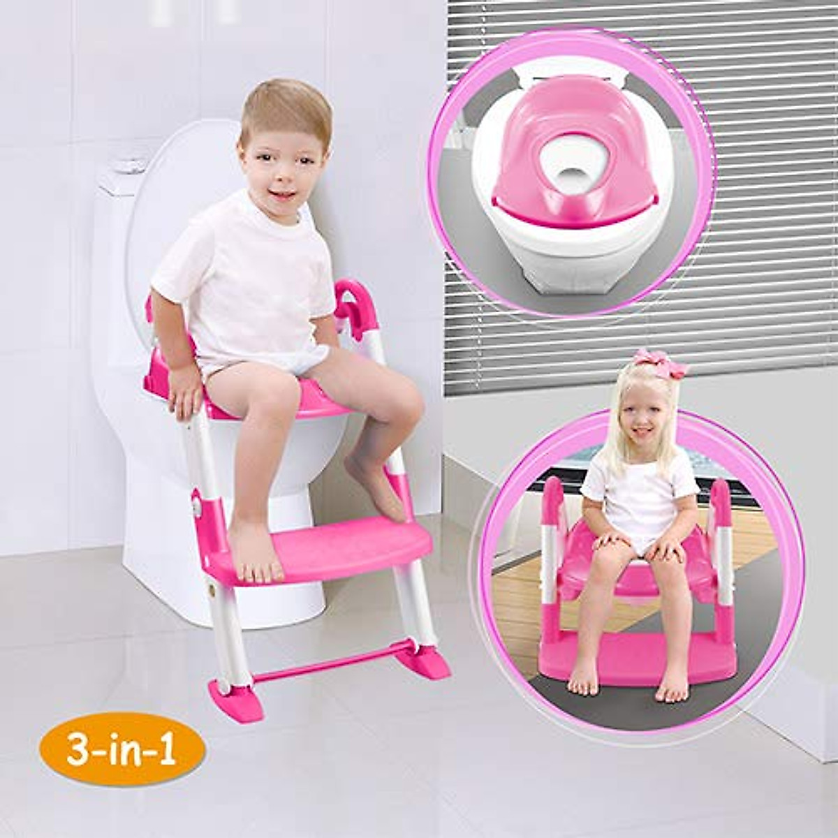 GPCT [Portable] 3-in-1 Kids Toddlers Potty Training Seat W/Step Stool. Sturdy, Comfortable, Safe, Built in Non-Slip Steps W/Anti-Slip Pads. Excellent Potty Seat Step Trainer- Boys/Girls/Baby-Pink