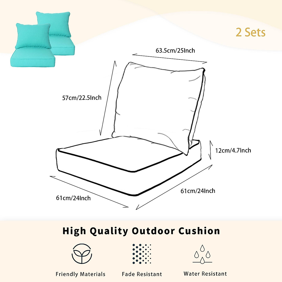 Sunshine Outdoor Green Outdoor Deep Seat Patio Cushions 24x24 inch Patio Furniture Cushions,Fade Resistant, Deep Seat Bottom and Back Cushion for Chair, Sofa and Couch,2 Sets