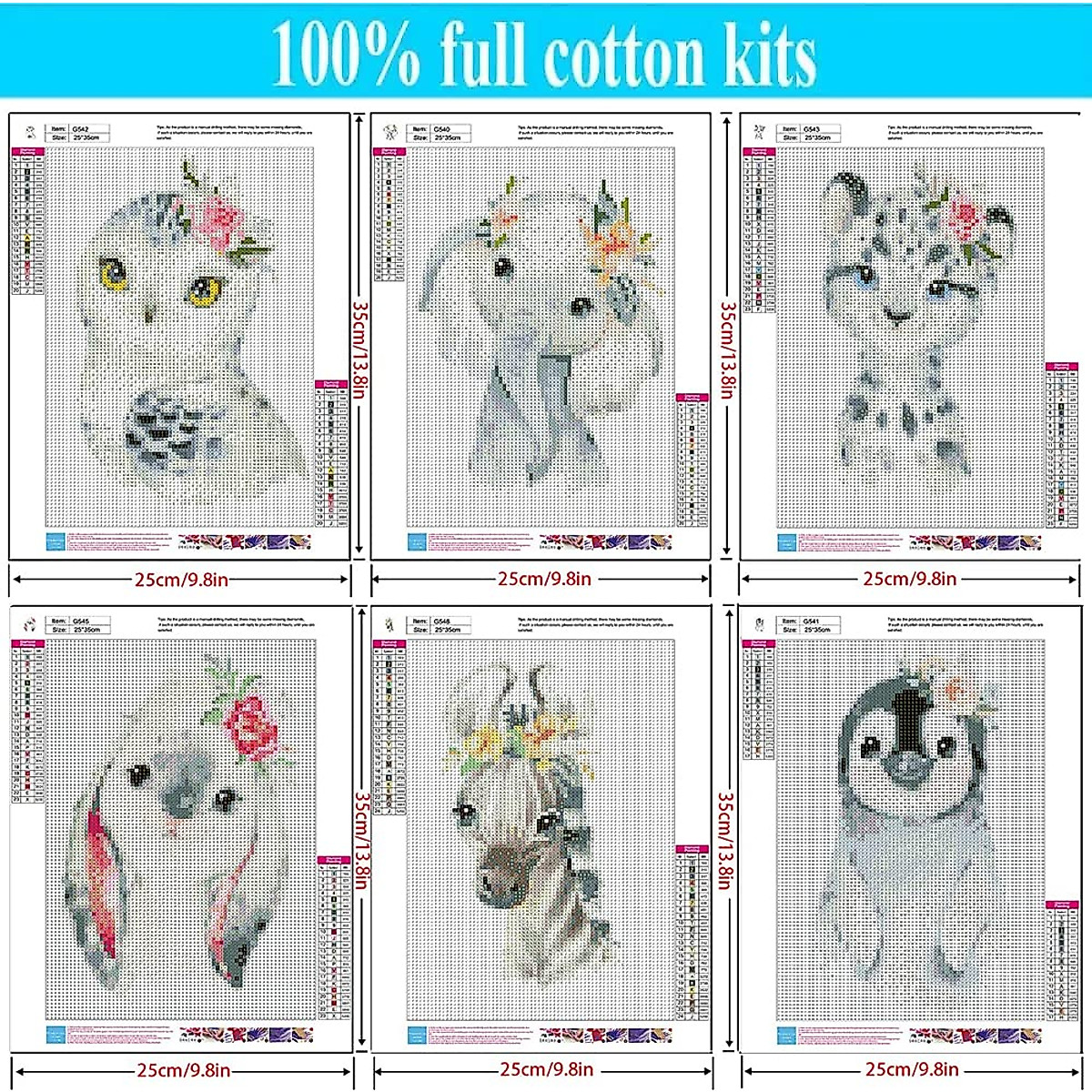 6 Pack Animal Cross Stitch Kits for Adults - Stamped Crossstitching Kits Preprinted 11 Count Cross-Stitch Kit for Beginner, 11CT Prestamped Easy Pattern Needlepoint Kits Crafts for Decor 9.8x13.8inch