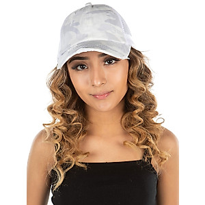 Funky Junque Criss Cross Hat Womens Baseball Cap Distressed Ponytail Messy Bun Trucker Ponycap (Camo White)