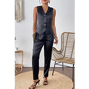 Women's Satin Silky Pants Dress Casual Pull on High Waist Pants with Pockets Drapeblack X-Large