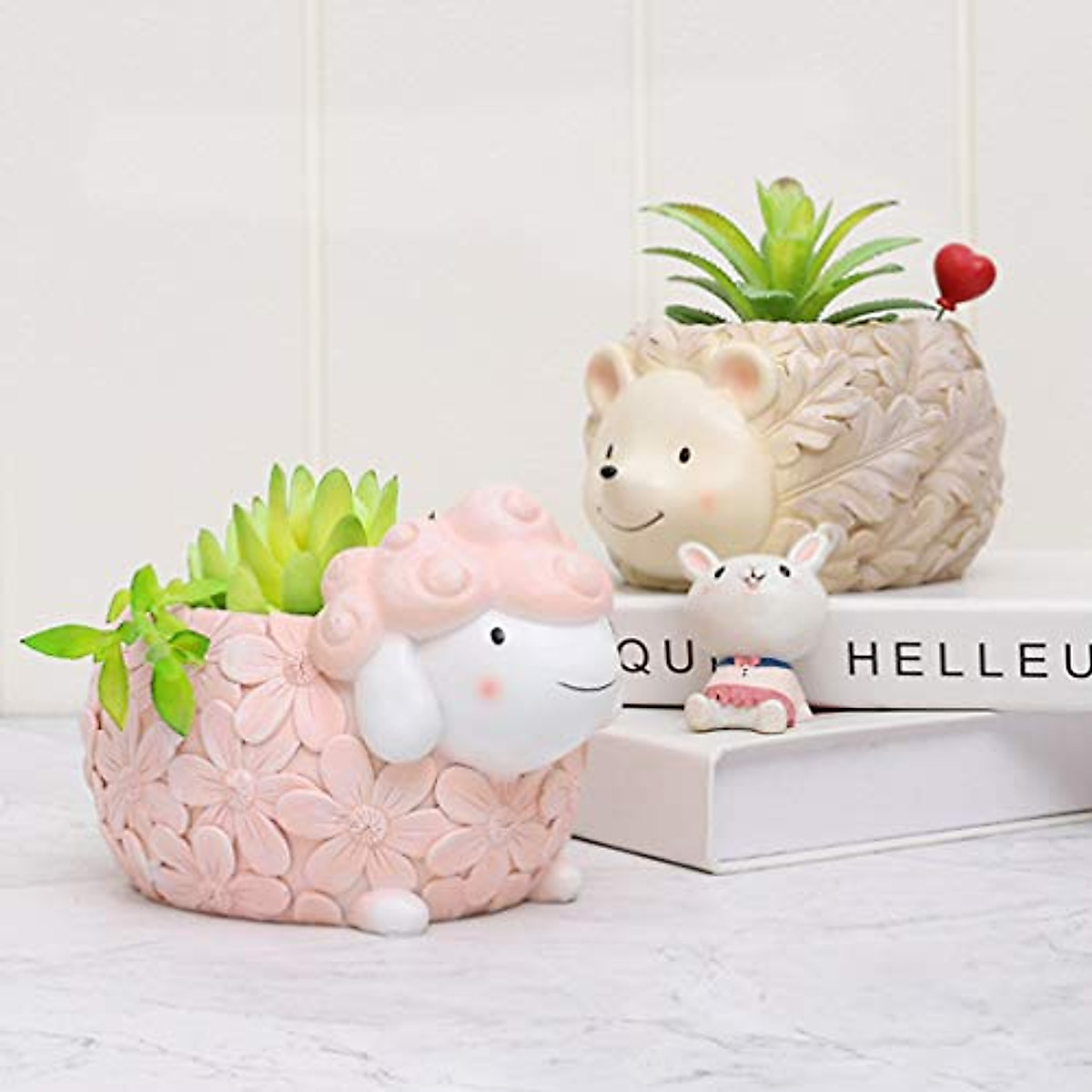 Happyyami Ceramic Animals Succulent Plant Pot Resin Hedgehog Cactus Flower Container Bonsai Planter Holder for Home Office Garden Decor