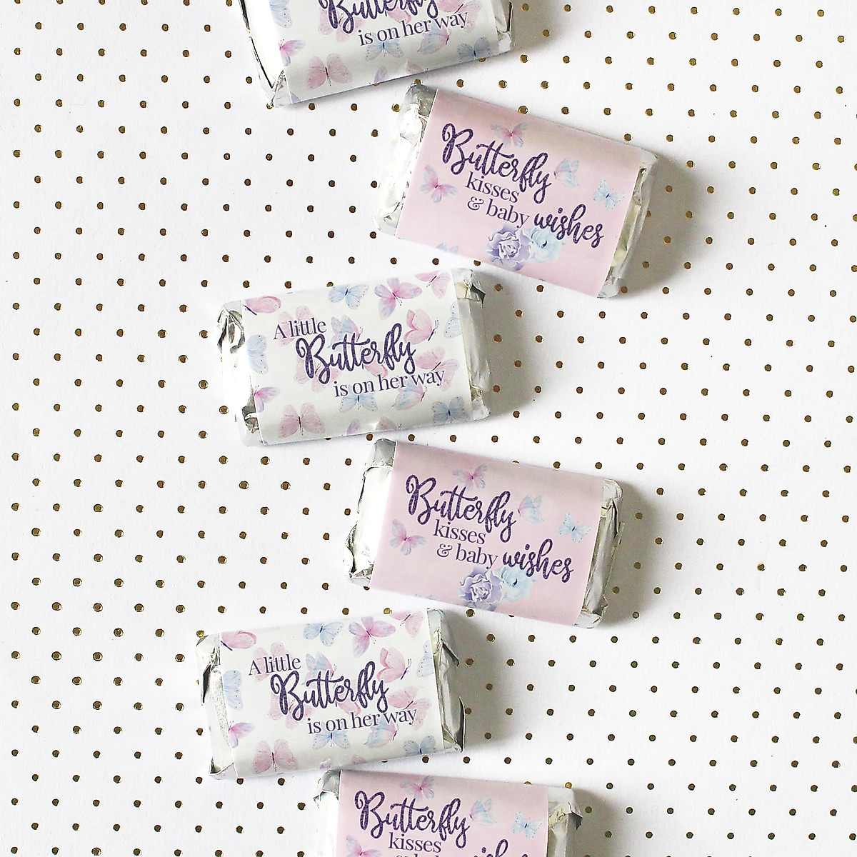 Butterfly Girl Baby Shower Mini Chocolate Candy Bar Wrappers, A Little Butterfly is on Her Way, It's a Girl Pink and Purple Party Favor Stickers - 45 Labels
