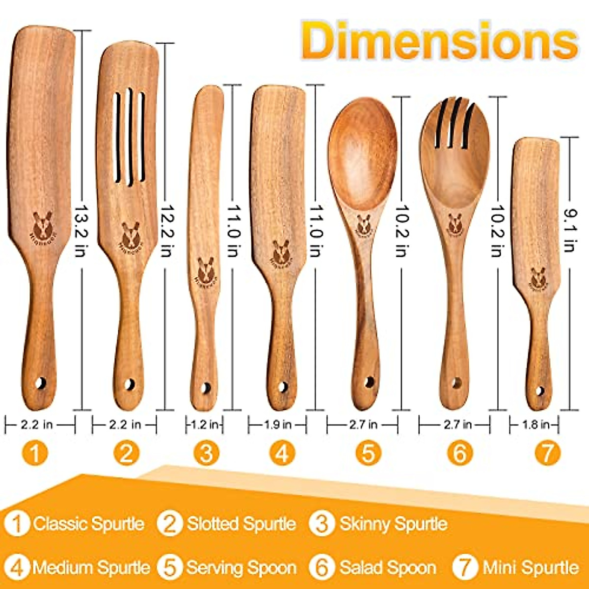 Spurtles Kitchen Tools As Seen On TV, 7Pcs Wooden Spurtle Set Spatula Set, Natural Premium Acacia Wooden Spoons for Cooking Heat Resistant Cooking Utensil for Nonstick Cookware, Salad, Mixing, Serving