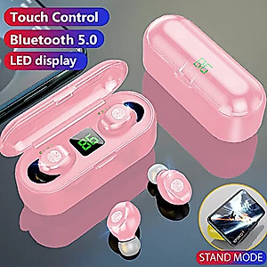 Acuvar Fully Wireless Bluetooth 5.0 Rechargeable IPX7 Waterproof Earbud Headphones w Microphone, 2000mAh USB Smart Dual Charging Case/Stand Surround Stereo Bass and Passive Noise Cancelling (Pink)