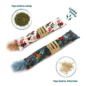 Jumpaws 2 Pack Natural Interactive Catnip & Silvervine Cat Kicker with Feathers, Bite Resistant Chew Toy, Crinkle Kicker, Accessories for Indoor Cat, Premium Corduroy Floral