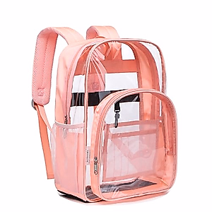 BLUEFAIRY Clear Backpack for School Stadium Approved Large PVC See Through Bag Heavy Duty Bookbag Transparent Plastic Bag for Kids Students Work Events 17" Pink