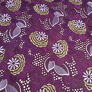 Bestway Lace African Lace Fabric 5 Yards Floral Voile Rhinestones Embroidery for Nigerian Wedding Party Dress Material (Magenta)