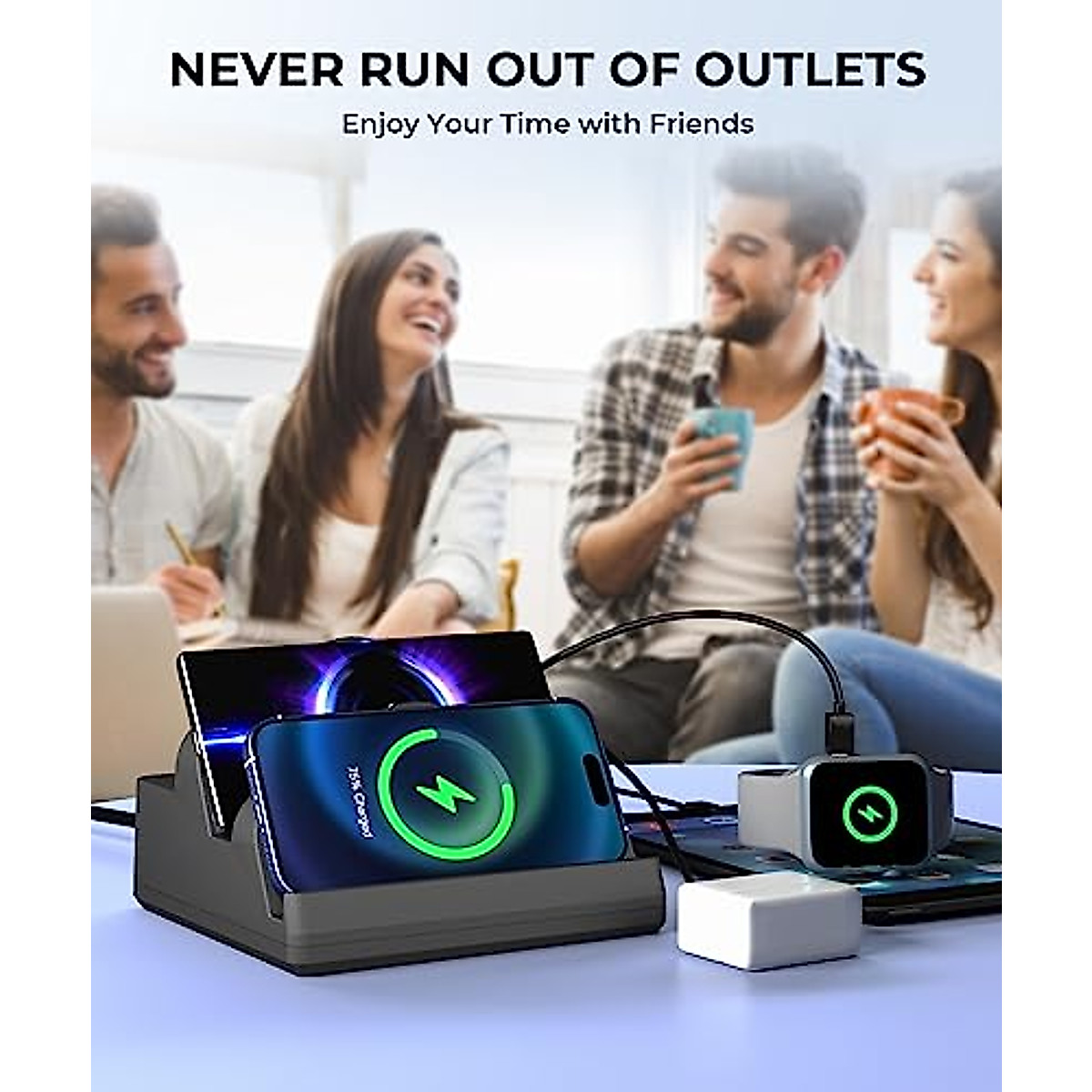 FORYOU Charger Station Wireless Charger Phone with QC/PD Ports, 8 in 1 Fast Charging Pad Wireless Phone Charger for iWatch/Airpods/Samsung/Android/iPhone 14 13 12 for Travel Essentials