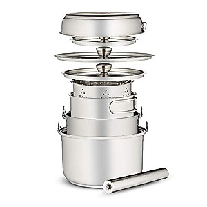 Camping Cookware Set 304 Stainless Steel 8-Piece Pots & Pans Open Fire Cooking Kit | Frying Pan Steamer with Travel Tote Bag | Compact For Outdoors & Indoors Kitchen Family Campfire Hiking RV