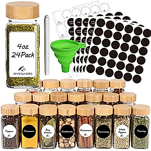 CycleMore 24 Pcs Spice Jars with Bamboo Lids 4 oz Glass Spice Jars with Labels - Minimalist Blank Spice Labels Stickers, Black Labels Stickers, Collapsible Funnel