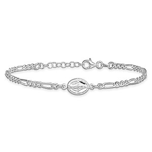 3mm 925 Sterling Silver Rhodium Plated Miraculous Religious Medal Pendant Necklace With 1in Extension Bracelet 7.25 Inch Jewelry for Women