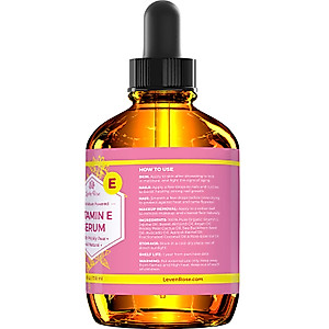 Leven Rose Vitamin E Oil Serum 100% Pure Organic All Natural Face, Dry Skin & Body Moisturizer Treatment, Hair & Nail Growth Oil, Pure Makeup Remover, Acne Cleansing Oil Large 4 oz
