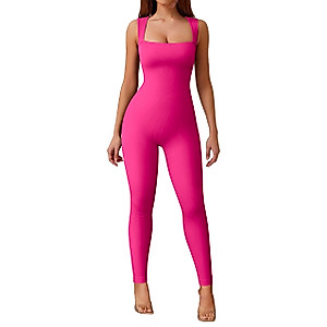 OQQ Women Yoga Jumpsuits Workout Ribbed Square Neck Sleeveless Tank Tops Exercise Jumpsuits Rose3