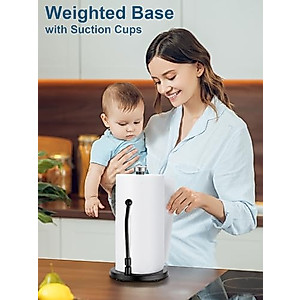 SMARTAKE Paper Towel Holder, Paper Towel Dispenser Standing Weighted Base Non Slip, Spring Arm Fit Most Size Paper Roll, Stainless Steel Paper Towel Holder for Home Kitchen Countertop Tabletop, Black