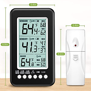 KeeKit Refrigerator Thermometer, Wireless Indoor Outdoor Thermometer with 2 Sensors, Digital Fridge Thermometer with Audible Alarm, Temperature Gauge for Freezer, Restaurants, Bars