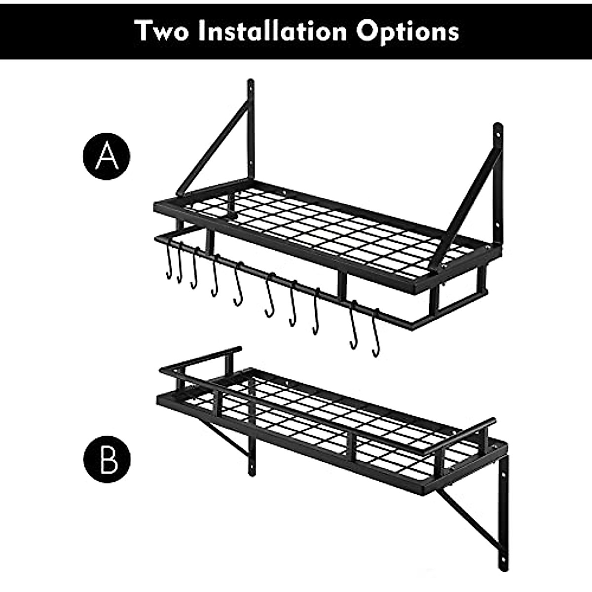 KES Kitchen Pot Pan Rack 24 Inch Hanging Storage Organizer Wall Shelf With Hooks Wall Mounted Matte Black, KUR215S60-BK