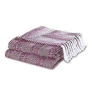 Luxurious Hand Woven Cozy Warm Combed Cotton All Season Indoor Outdoor Light Weight Fade Resistant Couch Chair Bed Throw Blankets Batik 50x60 Inch Set of 2 (Burgundy)
