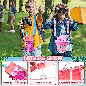 Honeydak 3 Pcs Cute Water Bottles with Straws Camera Ice Cream Bar Watermelon Adjustable Strap Plastic Water Bottle for School Kids (Novel Style,Pink)