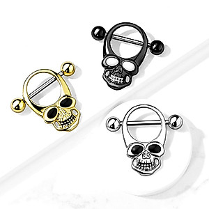 Pierced Owl 14G Stainless Steel Skull Head Nipple Shields, Sold as a Pair (Black)