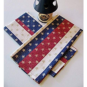 Stars & Stripes Patriotic Tea Towels (Set of 2) Made In USA 28" x 18" Patriotic Red Off-White Blue w/Glitter and Stars 100% Cotton