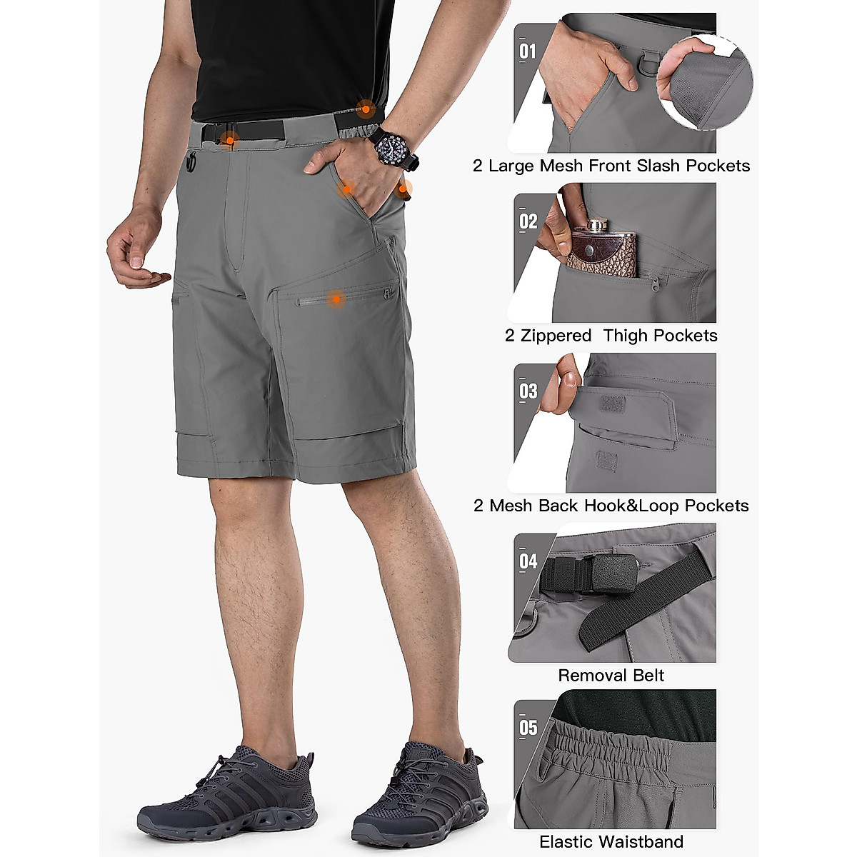 FREE SOLDIER Men's Lightweight Breathable Quick Dry Tactical Shorts Hiking Cargo Shorts Nylon Spandex(Gray 38Wx12L)