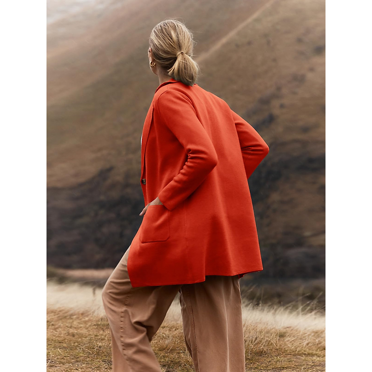 MEROKEETY Women's Casual Knit Blazer Jacket Button Down Elegant Work Office Coatigan Sweater for Fall Winter, Orange, Medium