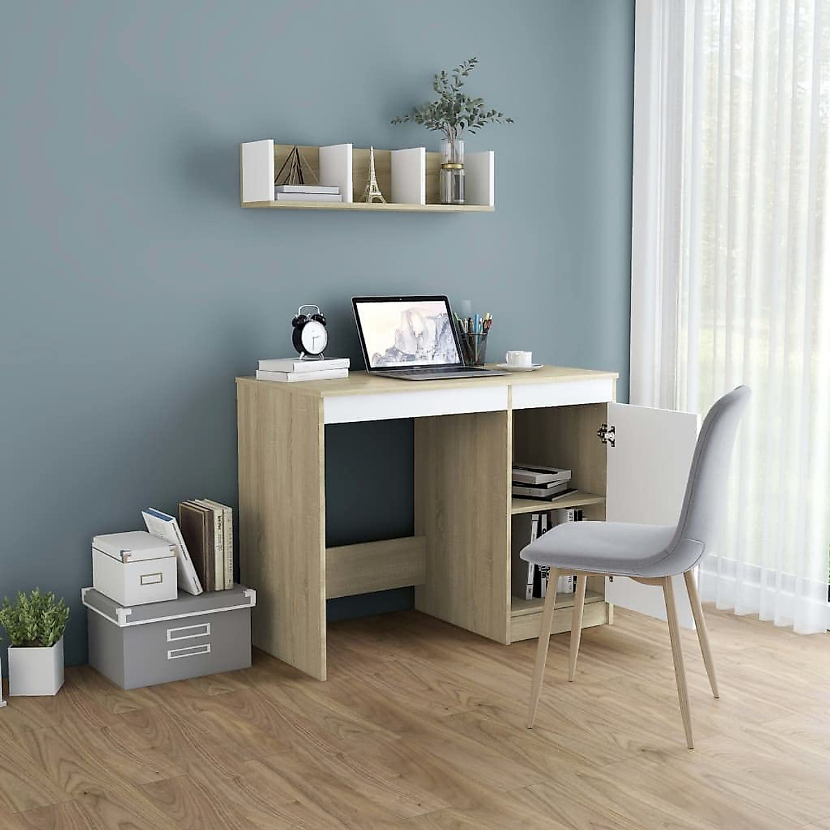 ULUYYUC Desk,Computer Desks Bedroom Desks Study Desk with Doors Suitable for Home, Office, Bedroom, Conference Room, etc White and Sonoma Oak 39.4"x19.7"x29.9" Engineered Wood