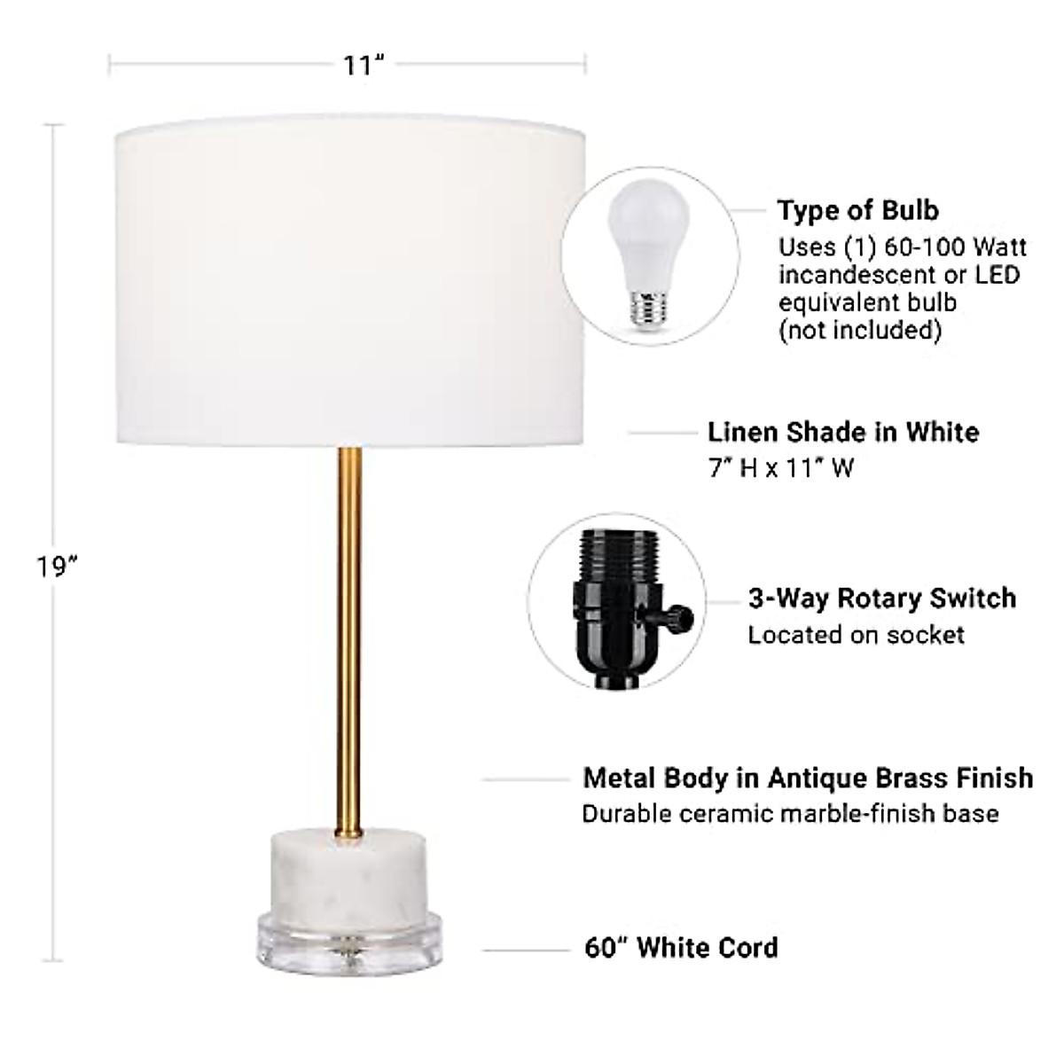 Catalina 23106-001 Modern Marble-Finish Ceramic Table Lamp with White Linen Shade, 19", Antique Brass