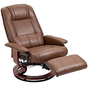 HOMCOM Faux Leather Manual Recliner, Adjustable Swivel Lounge Chair with Footrest, Armrest and Wrapped Wood Base for Living Room, Brown