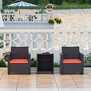 XZHQHB Patio Furniture Set of 3 Wicker Sofa Set with Soft Cushion Bistro Conversation Set Porch Outdoor PE Rattan Garden Chairs Sets with Tempered Glass Top Coffee Table, Brown and Orange