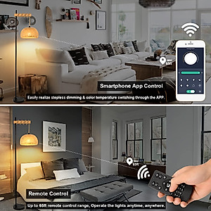 Stepeak Boho Floor Lamp with Remote, Farmhouse Dimmable Rattan Standing Lamp with Smart Blub, Bamboo Lampshade, App Control, Wood Black Tall Lamp for Living Room Bedroom Office, 9W LED Bulb Included