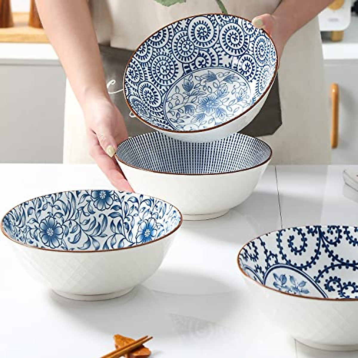 YALONG 8 Inch 40 Ounce Ceramic Bowls for Kitchen Deep Soup Pho Bowls, Blue White Large Porcelain Salad Bowls Set for Ramen Pasta Cereal Dessert Stackable Deep Noodle Serving Bowls Set of 4 for Gift