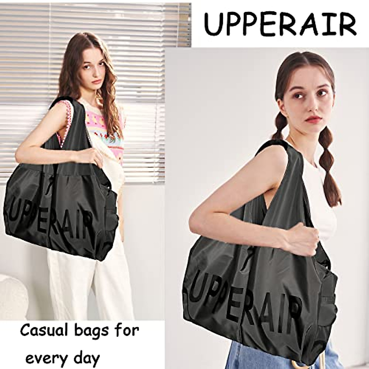 Tote Bag for Women Large Shoulder Bag with zipper Fashion hobo Handbags Waterproof Nylon Bag for Work Travel Shopping (Black)