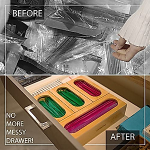 Molermo Bamboo Ziplock Bag Organizer for Drawer - Magnetic Lids Provide Easy Filling. 4 Piece Baggie Organizer Suitable for Gallon, Quart, Sandwich and Snack Size Bag