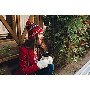 TINKUY Peru Geometric Pom Pom Beanie, Authentic Peruvian Alpaca Woolen Bobble Hats for Men and Women, Red