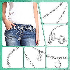 5 Pieces Chain Belt Pendant Belly Belt Body Chains Silver Metal Link Body Chain Belt Jeans Pants Chain Pocket Waist Chain Multilayer Hip Hop Metal Wallet Chain for Men Women (Moon Star)